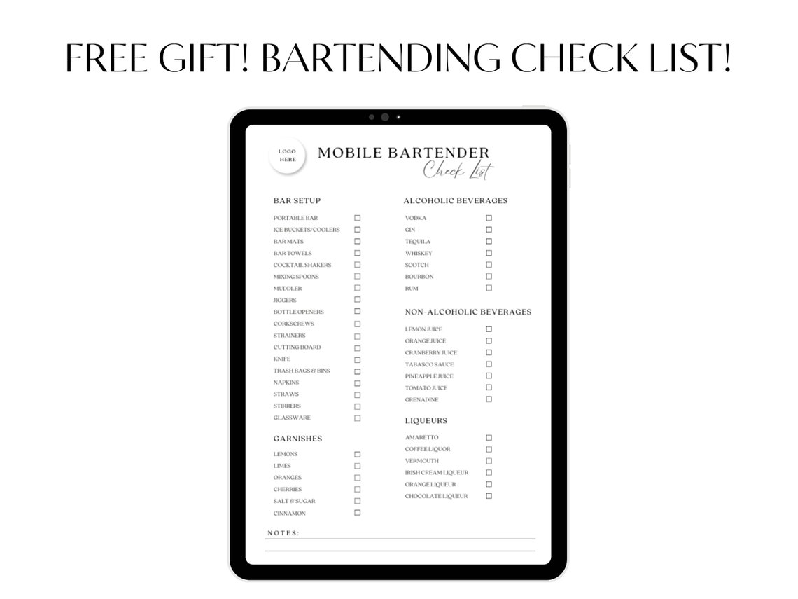 Mobile Bar Contract Template, Mobile Bar Check List, Editable Bartender Contract, Mobile Bar ...