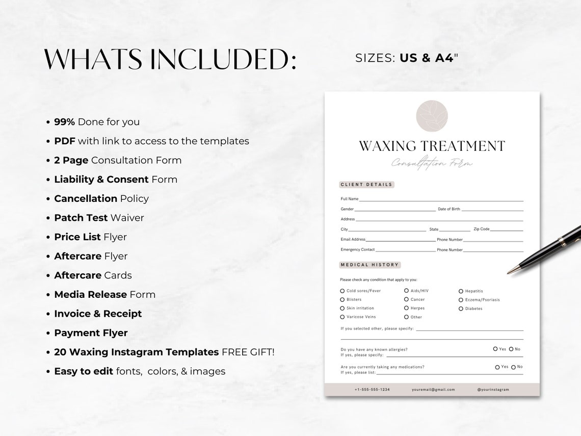 Waxing Treatment Forms, Printable Waxing Consent Forms, Editable ...