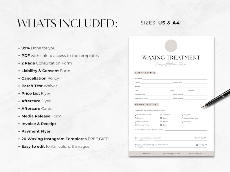 Waxing Treatment Forms, Printable Waxing Consent Forms, Editable ...