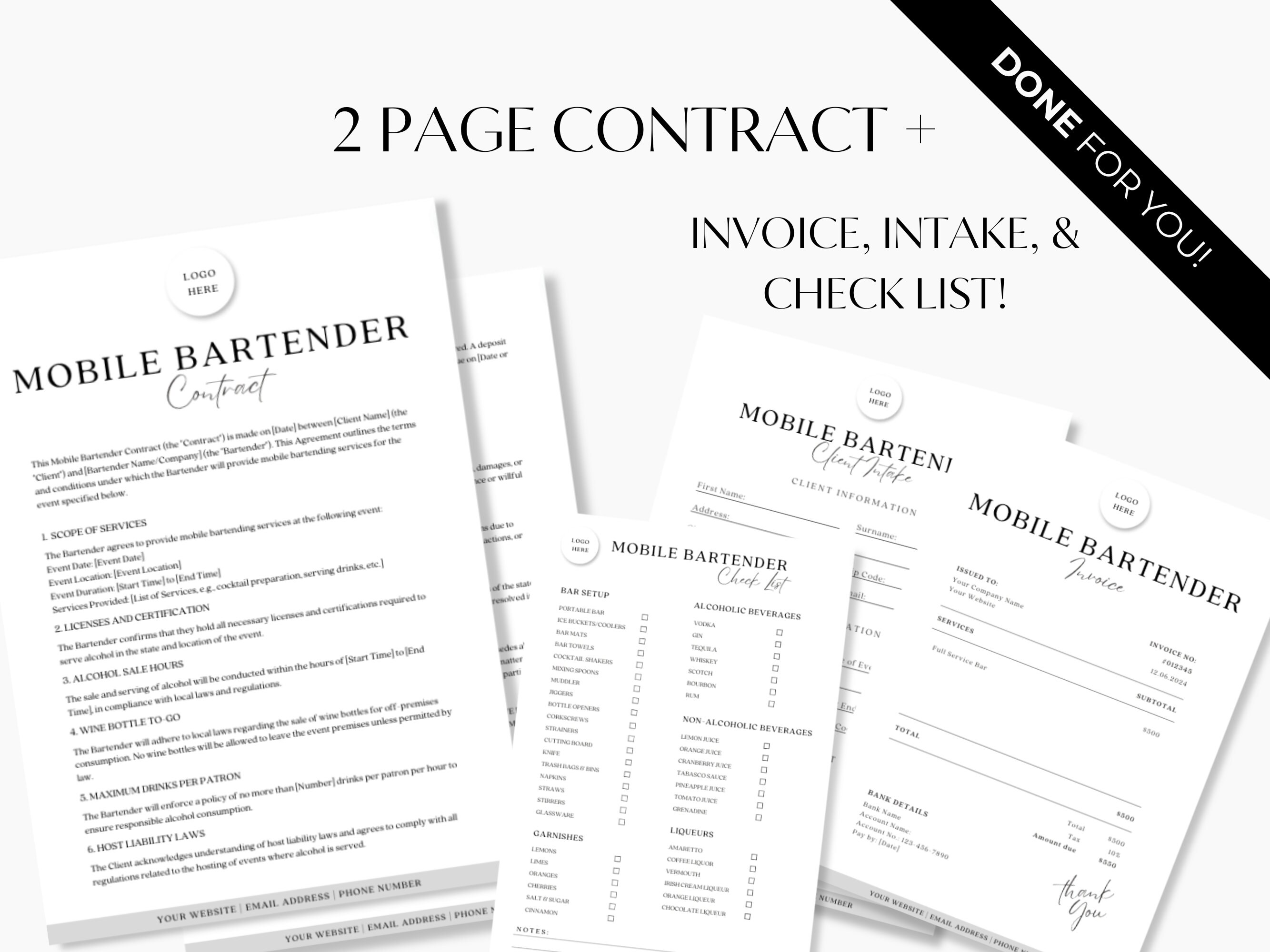 Mobile Bar Contract Template, Mobile Bar Check List, Editable Bartender ...