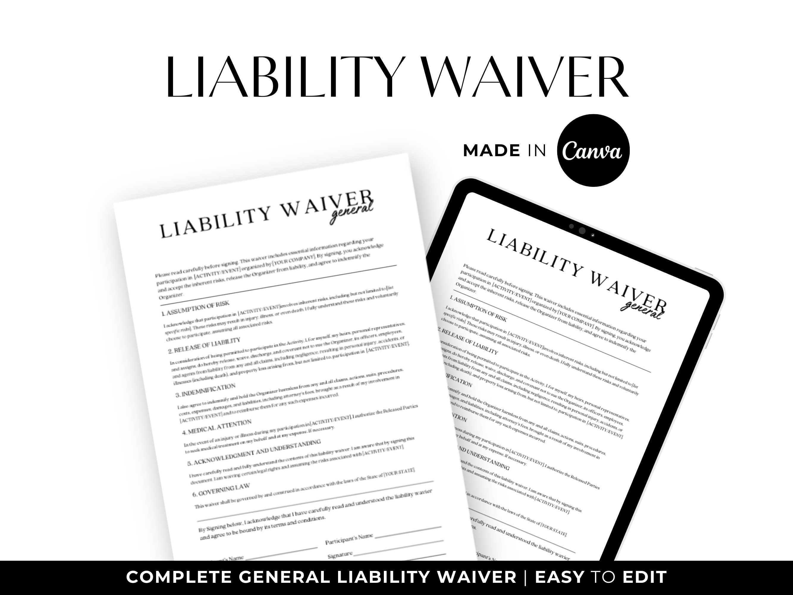 General Liability Waiver Template, Liability Form Agreement, Liability ...