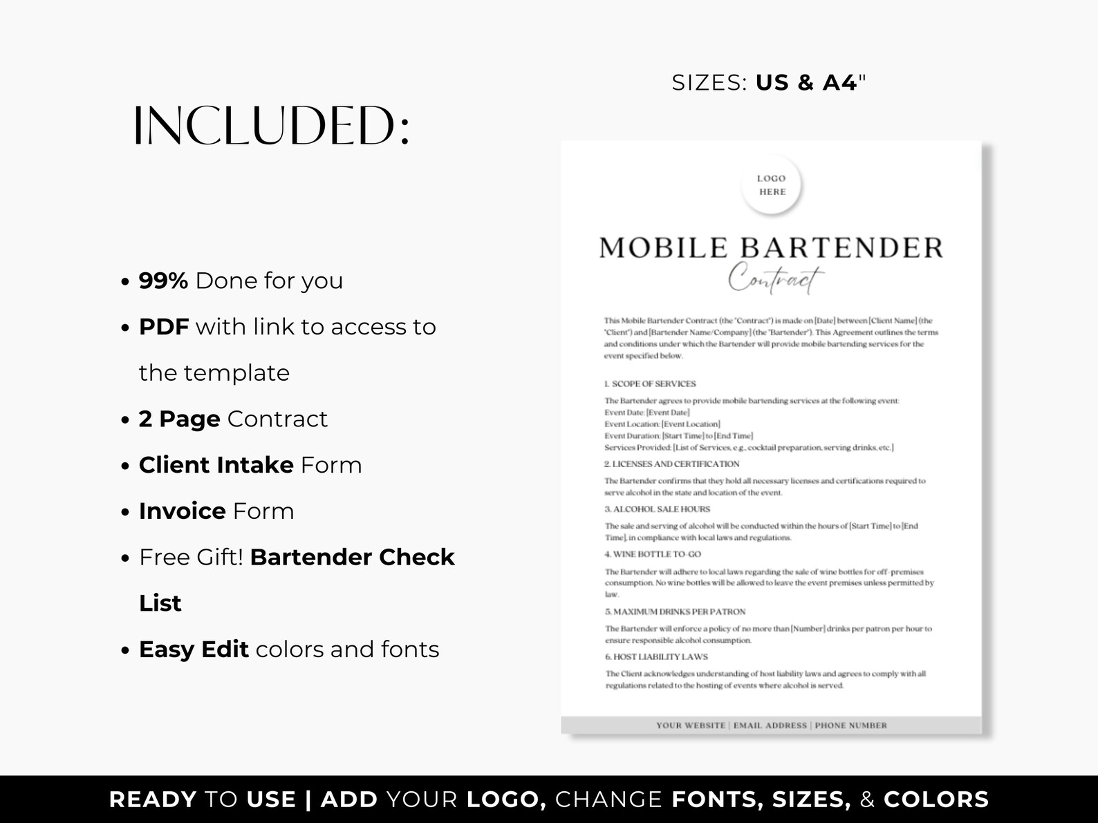 Mobile Bar Contract Template, Mobile Bar Check List, Editable Bartender ...