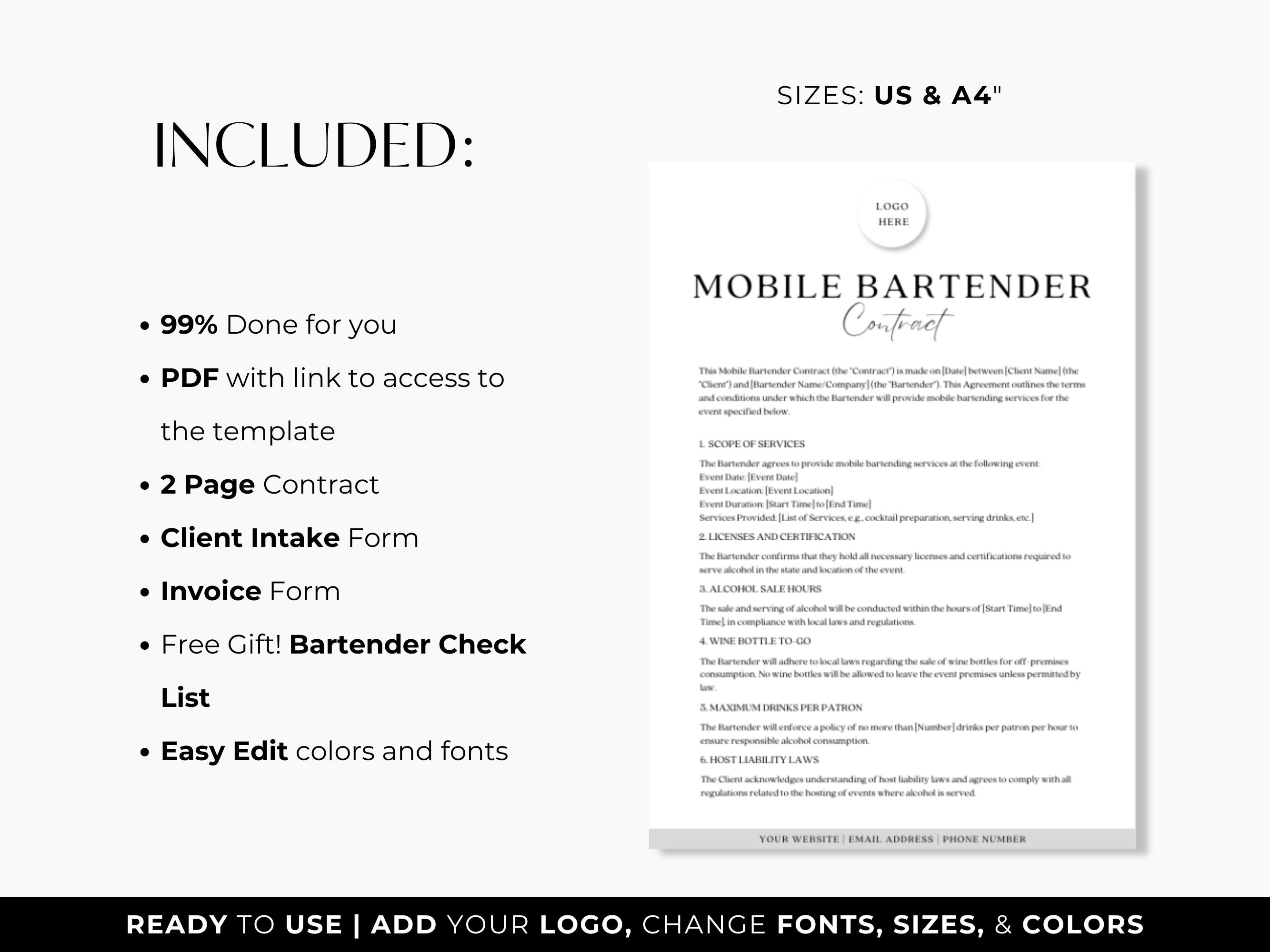 Mobile Bar Contract Template, Mobile Bar Check List, Editable Bartender ...