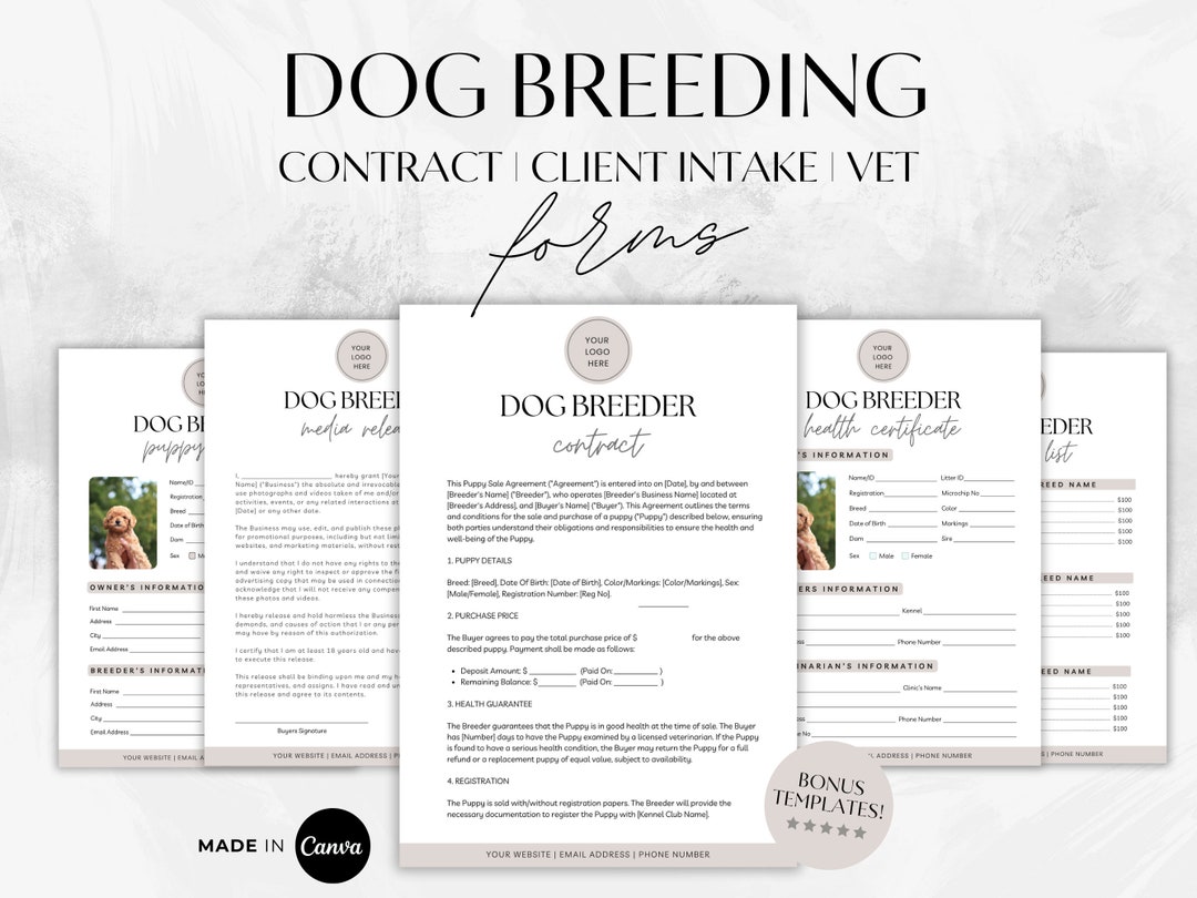 Dog Breeder Contract, Breeder Forms, Dog Breeding Agreement, Puppy Sale ...