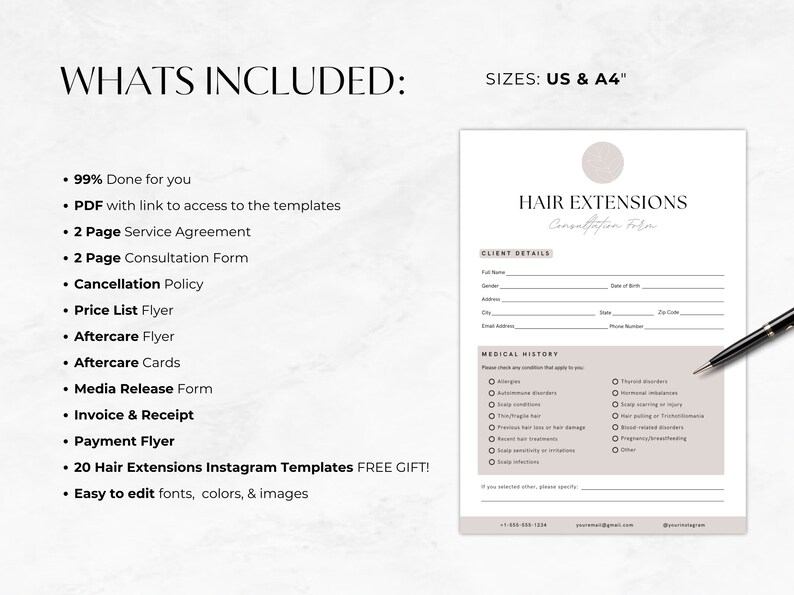 Editable Hair Extensions Contract,hair Extensions Consultation Form ...