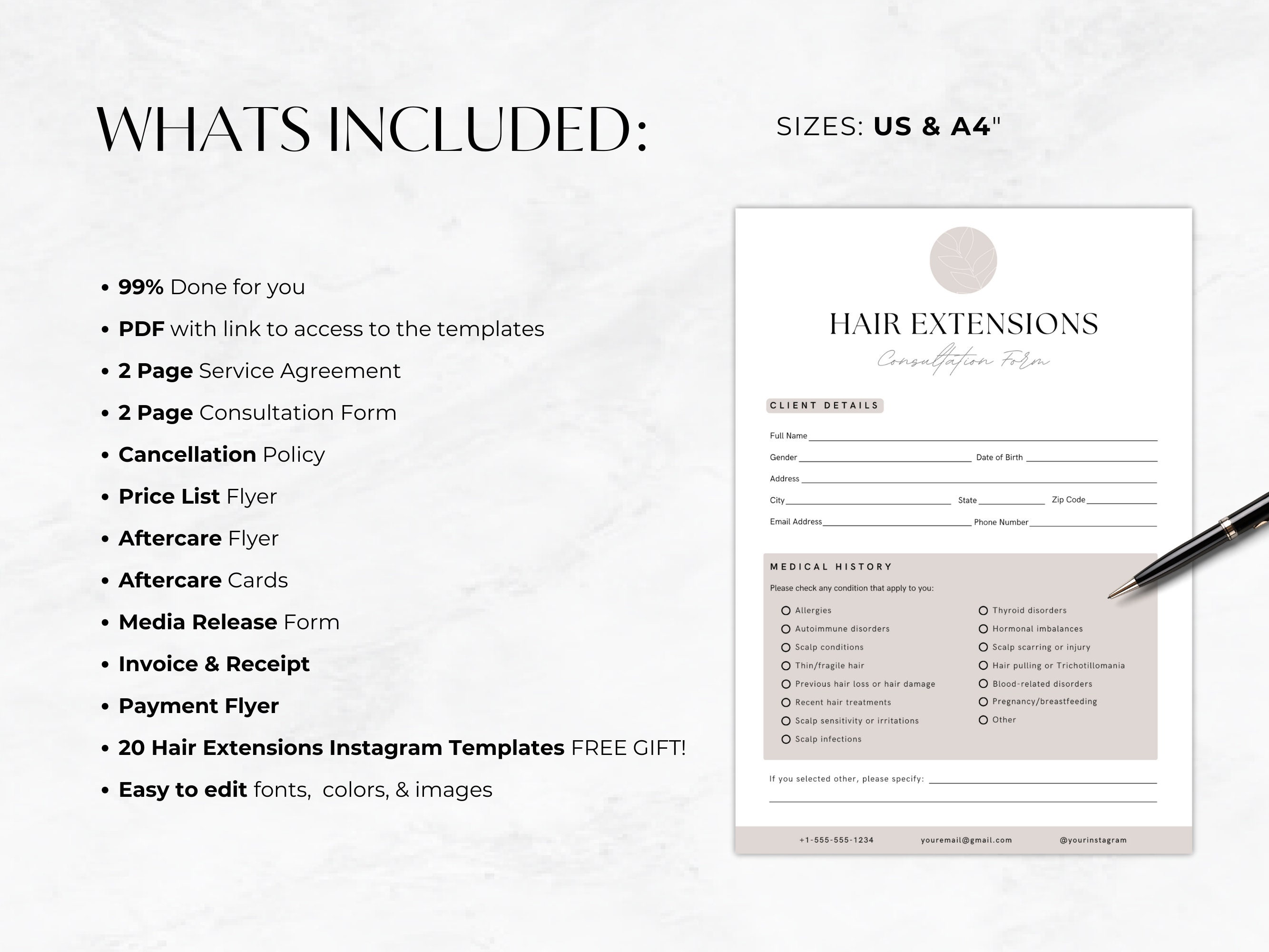 Editable Hair Extensions Contract,hair Extensions Consultation Form ...