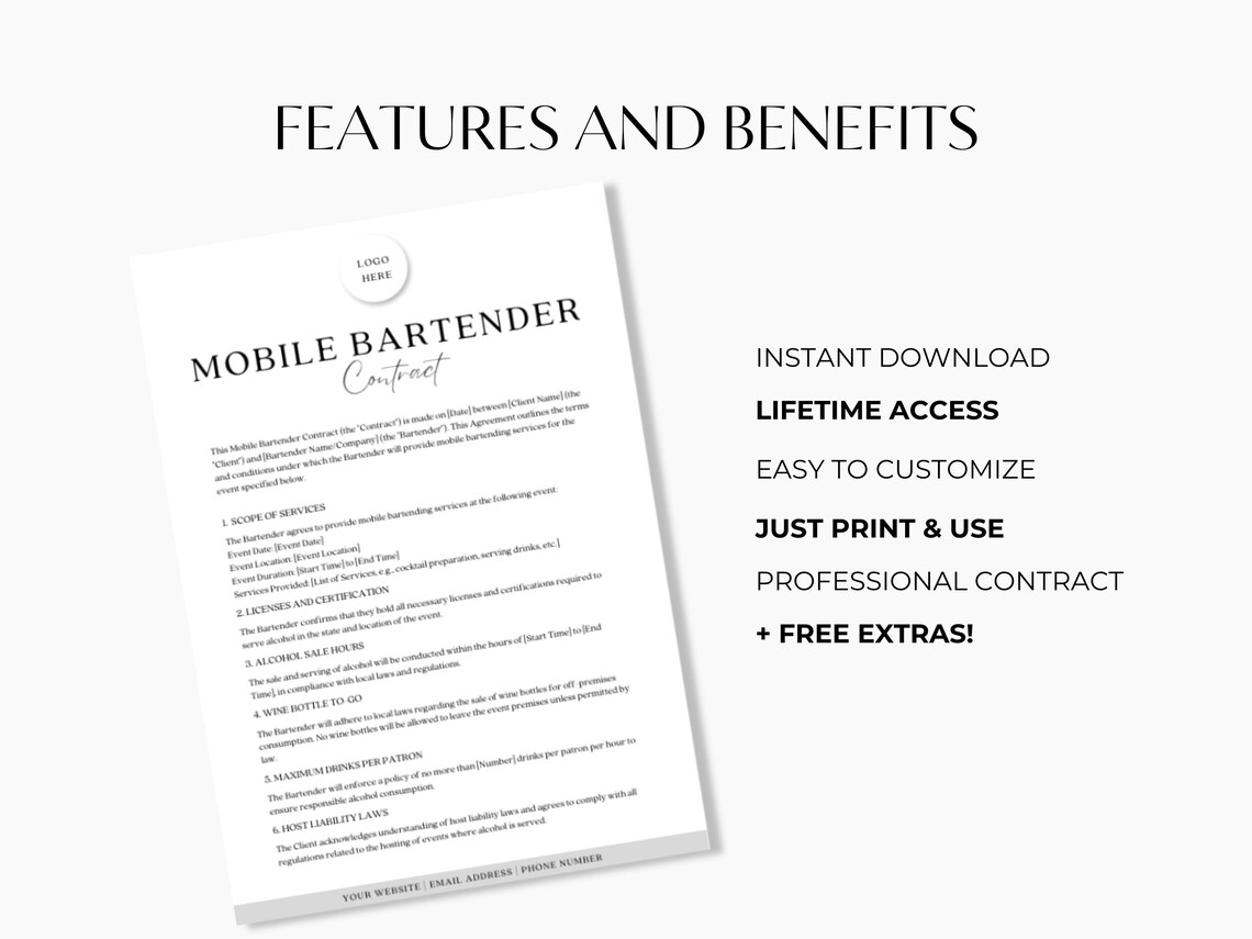 Mobile Bar Contract Template, Mobile Bar Check List, Editable Bartender ...
