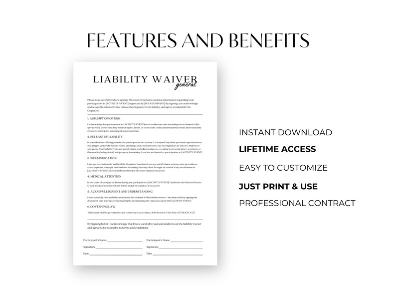 General Liability Waiver Template, Liability Form Agreement, Liability ...