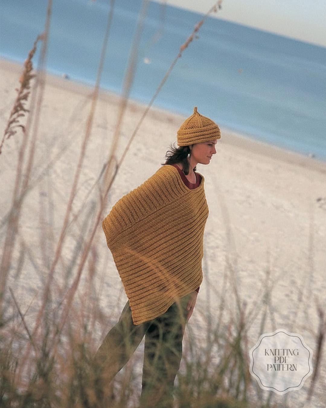 Knitted Poncho Wrap and Acorn Cap Set | Garter Stitch Shoulder Wrap ...