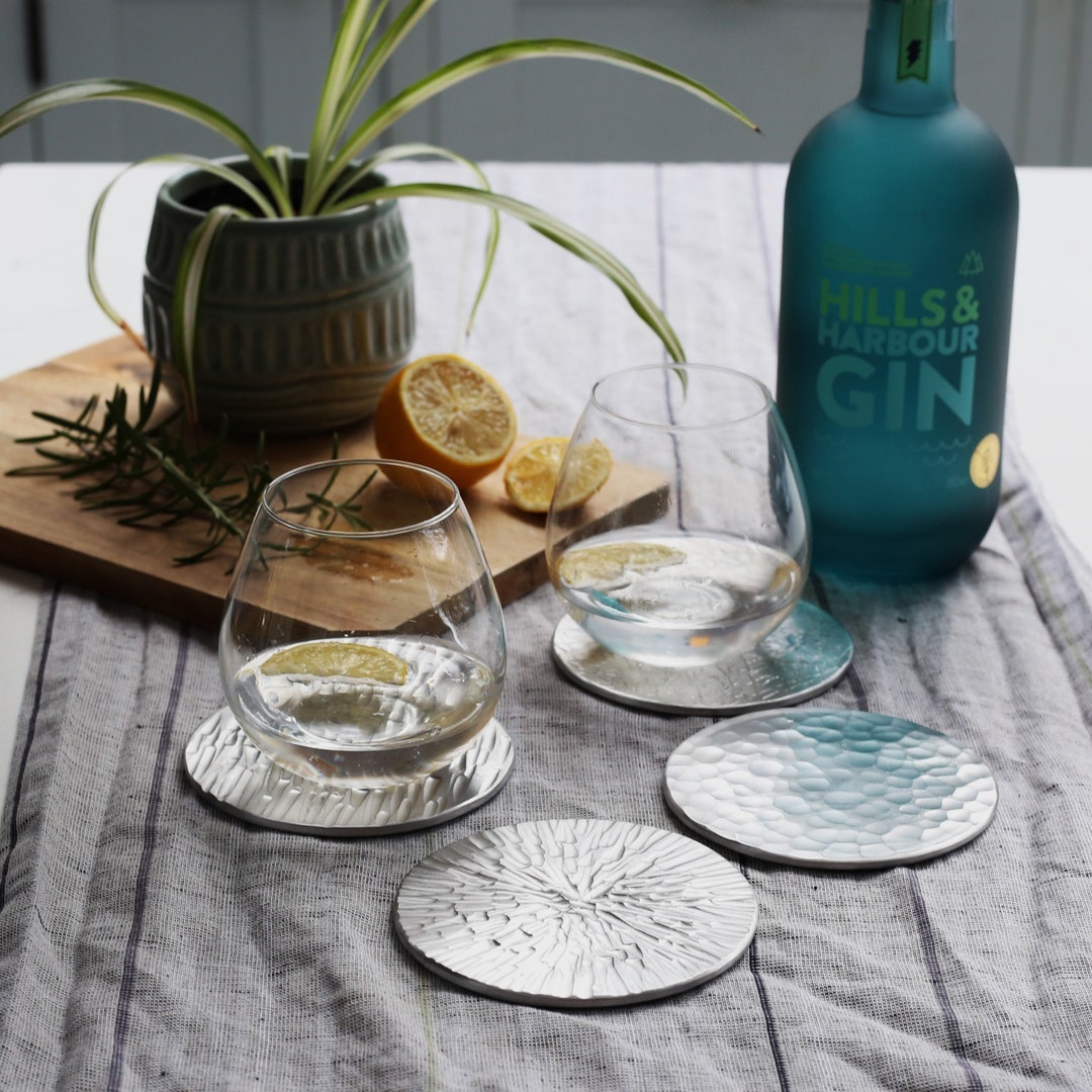 Set of 4 Hammered Aluminum Coasters: Modern Minimalist Drink Coasters ...