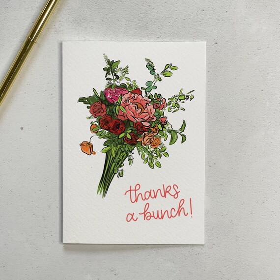 Thanks A Bunch Floral Thank You Card Illustrated Thank You - Etsy