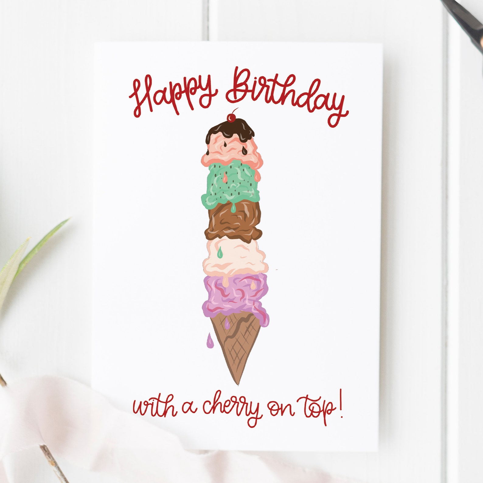 Ice Cream Birthday Card Happy Birthday With a Cherry on Top Ice Cream ...