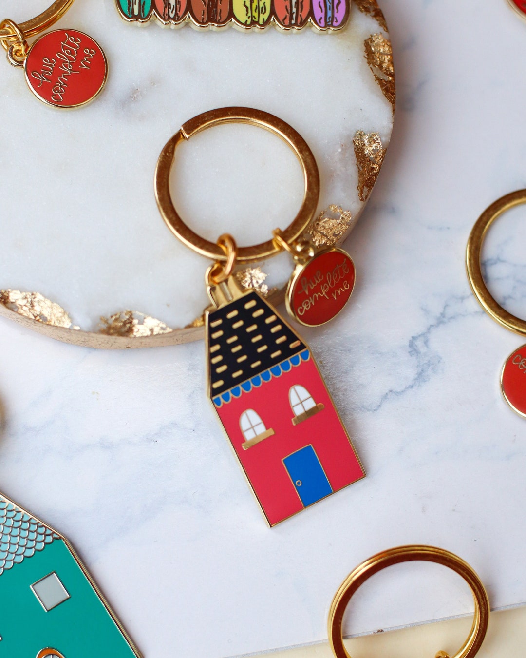 Haus Keychain Kleiner rosa Haus-Schlüsselring Haus-Schlüsselring Gold ...