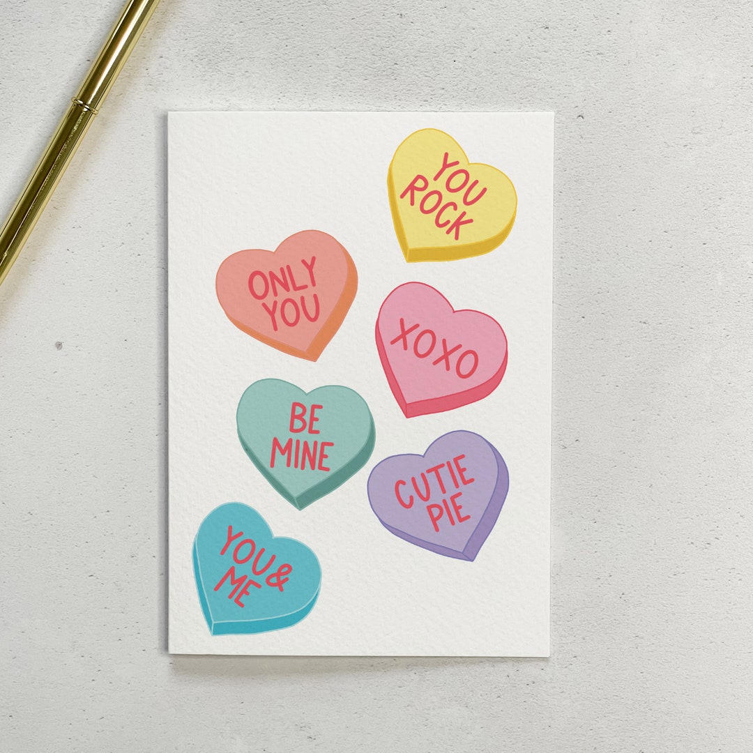 Conversation Hearts Valentine's Day Card Illustrated Valentine's Day ...