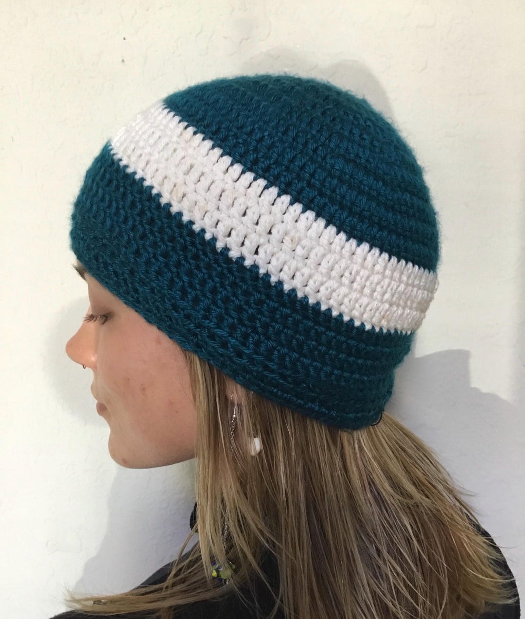 Dark Green Skull Cap With Cream Color Stripe, Womens, Hand Crocheted ...