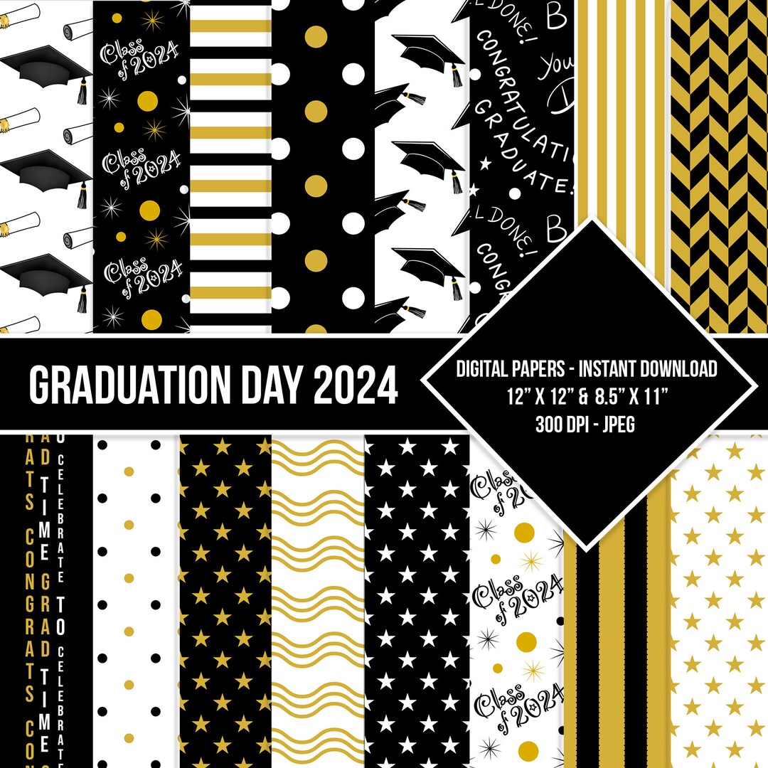 Graduation Day Digital Paper Seamless Pattern Class of 2024 Black White ...