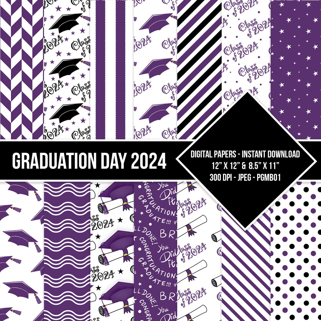 Graduation Day Digital Paper Seamless Pattern Class of 2024 Purple ...