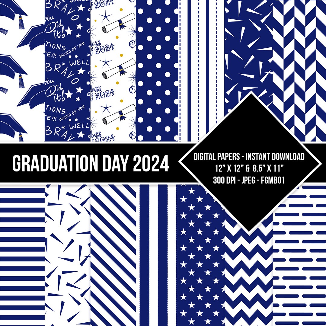 Graduation Day Digital Paper Seamless Pattern Class of 2024 Royal Blue ...