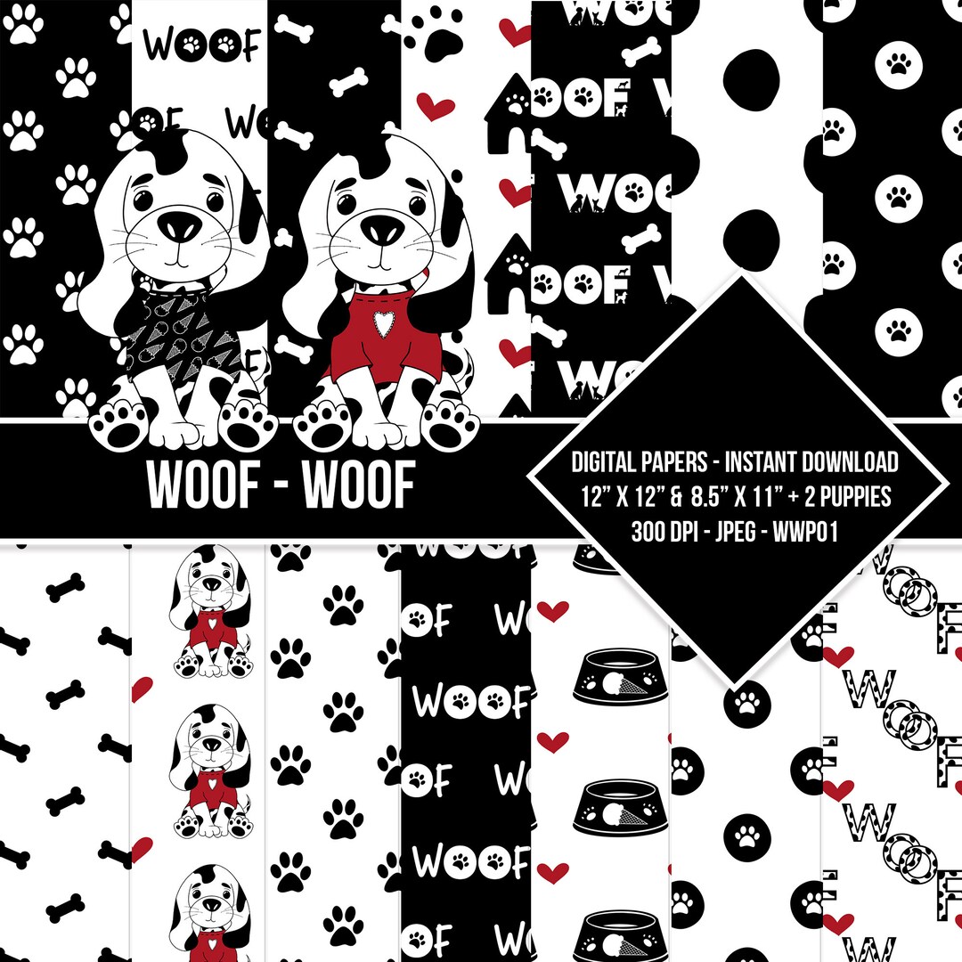 Paw Prints Digital Paper Pack Puppy Dog Seamless Pattern Black Red ...