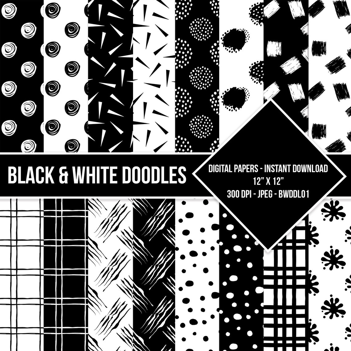 Doodle Digital Paper Black and White Doodles Seamless Pattern | Etsy