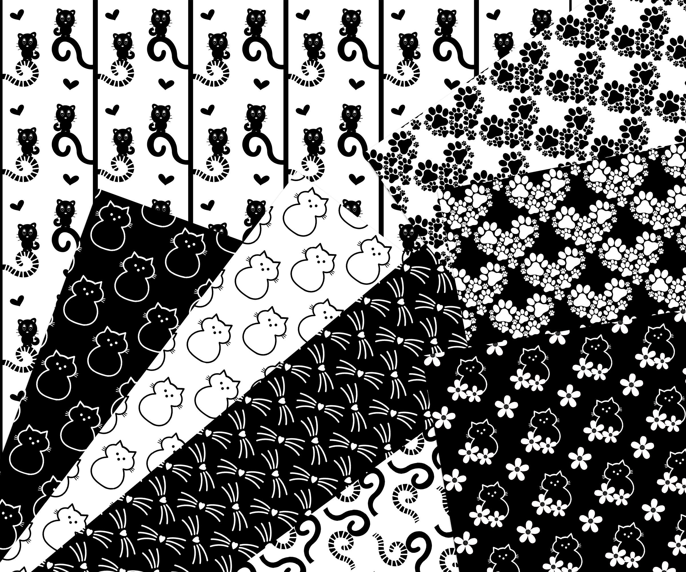 Cat Digital Paper Seamless Pattern Cat Paws Kitty Cats Black White ...