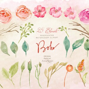 Boho Watercolor Clipart Flowers Clipart Floral Clip Art - Etsy