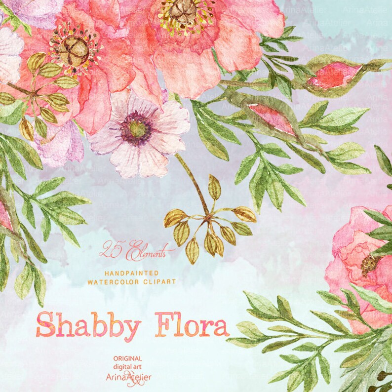 Shabby Flora Watercolor Clipart - Floral Garland, Wedding Invites, DIY ...