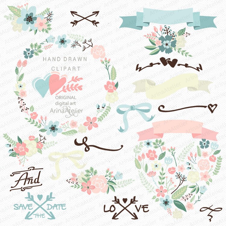 Wedding Florals CLIPART - Digital Wreath, Flower Wreaths, Heart, Floral ...