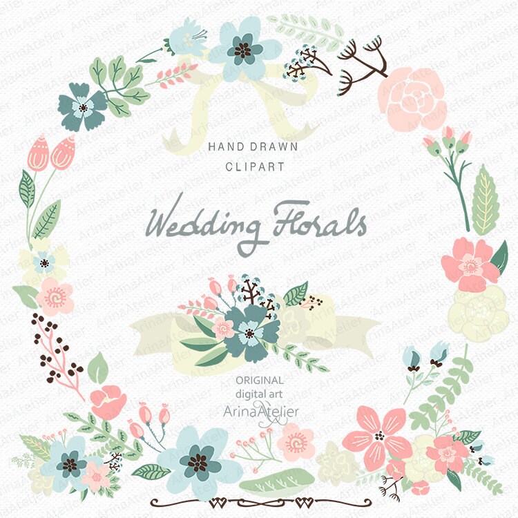 Wedding Florals CLIPART - Digital Wreath, Flower Wreaths, Heart, Floral ...