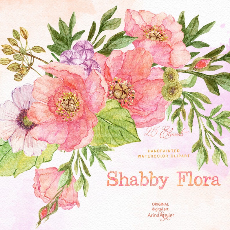 Shabby Flora Watercolor Clipart - Floral Garland, Wedding Invites, DIY ...