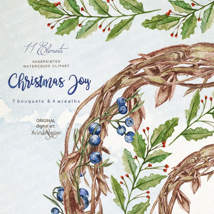 Christmas Joy Watercolor Clipart Wreaths and Bouquets - Etsy