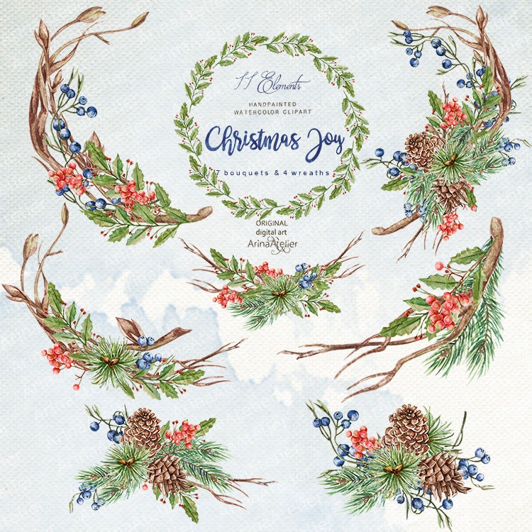 Christmas Joy Watercolor Clipart - Wreaths and Bouquets - Christmas ...