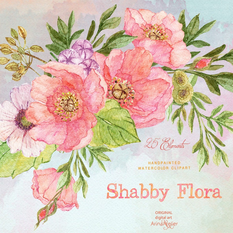 Shabby Flora Watercolor Clipart - Floral Garland, Wedding Invites, DIY ...