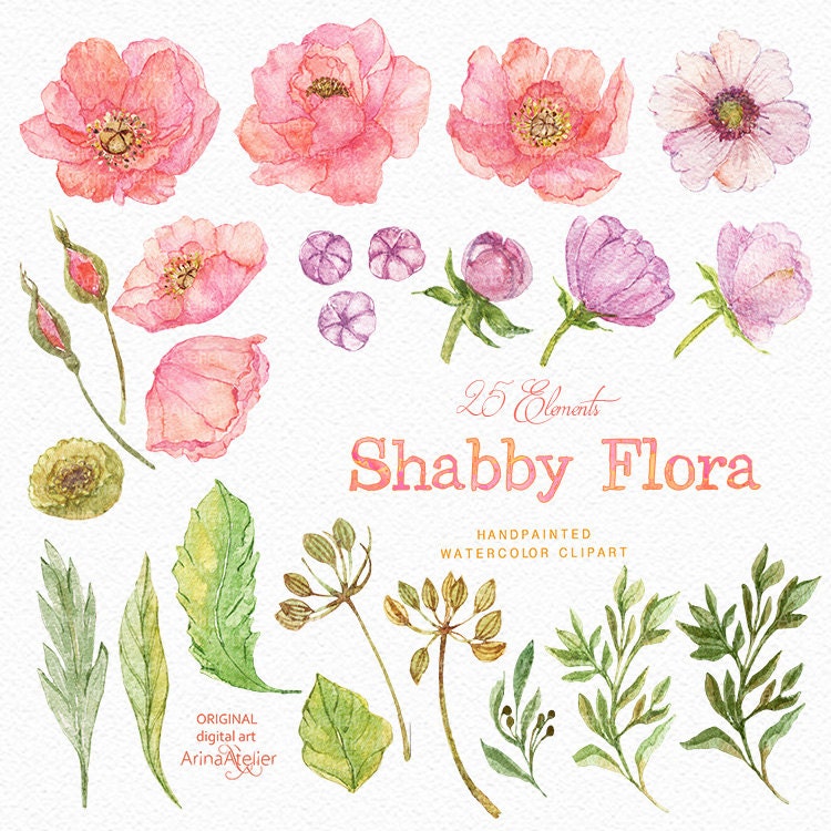 Shabby Flora Watercolor Clipart - Floral Garland, Wedding Invites, DIY ...