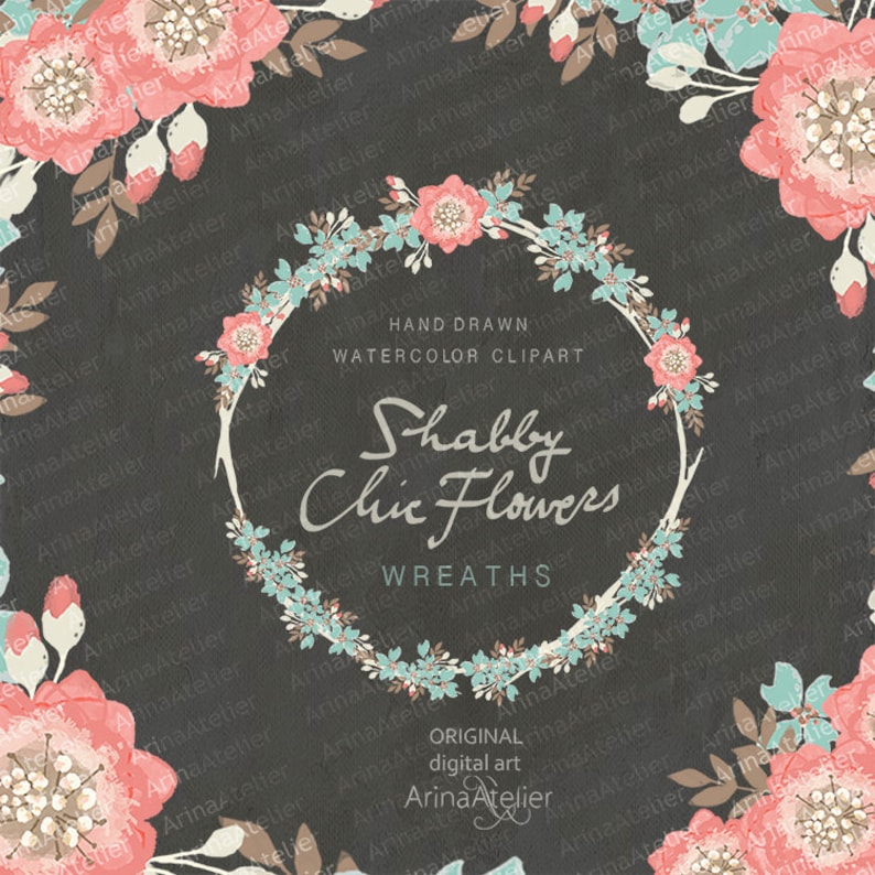 Shabby Chic Flowers WREATHS - Chalkboard - Card Template and Digital ...