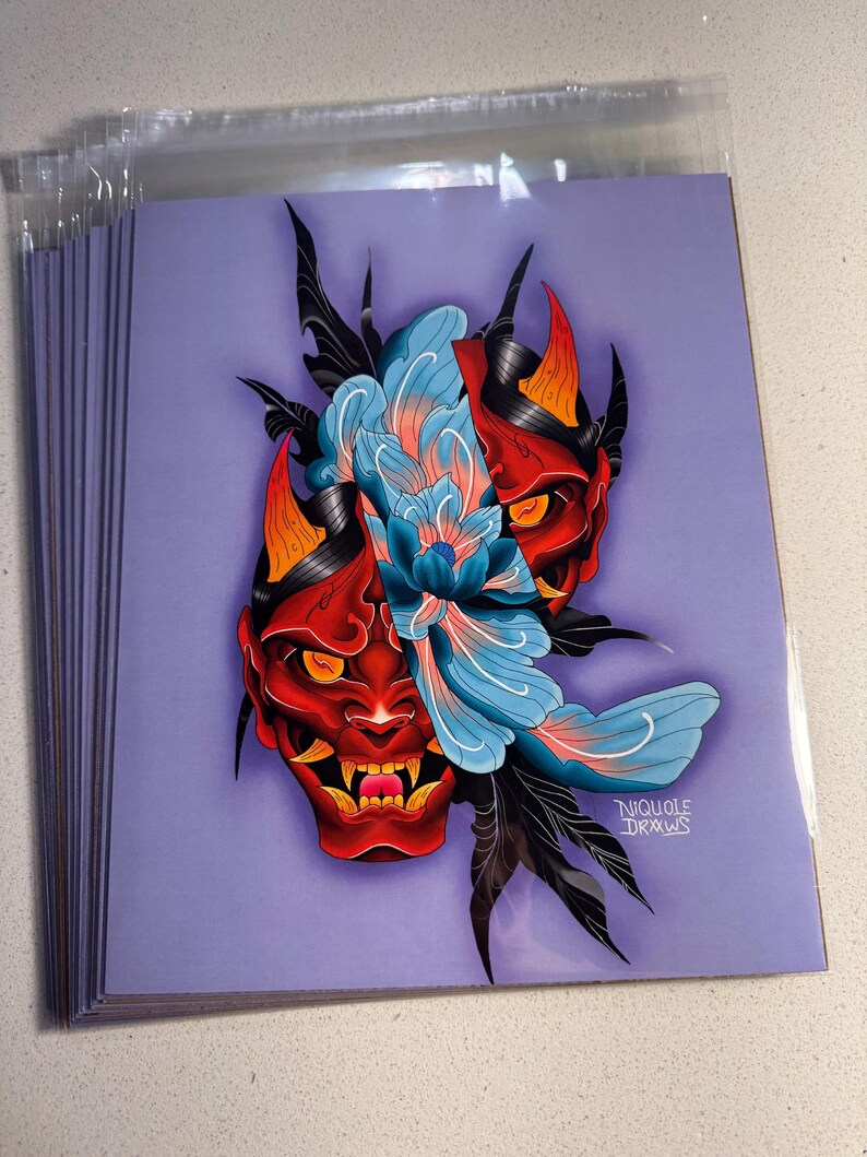 Oni Mask Lotus Flower Japanese 8x10 Art Print - Etsy