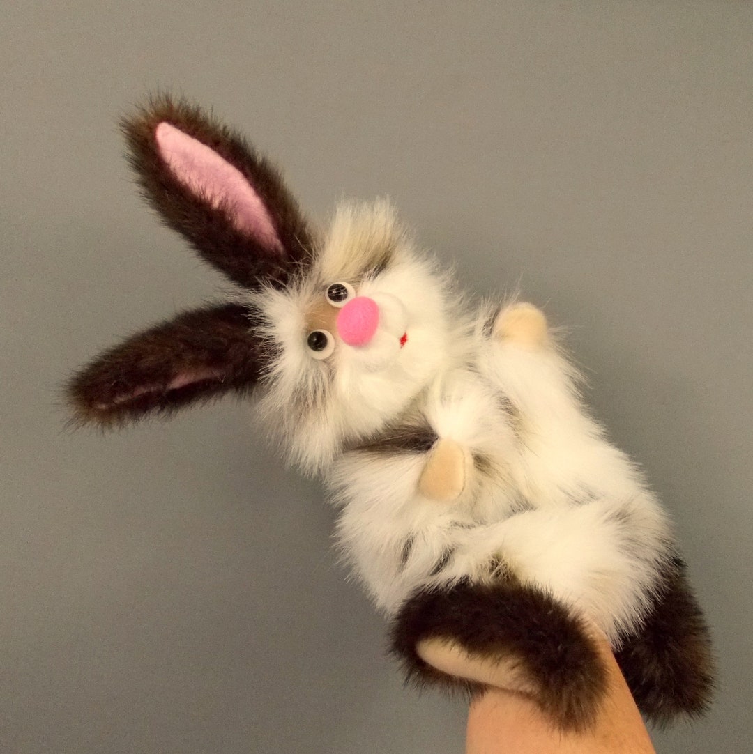 Spotted Rabbit With Dark Paws and Ears Hand Puppet. Marionette Rabbit ...