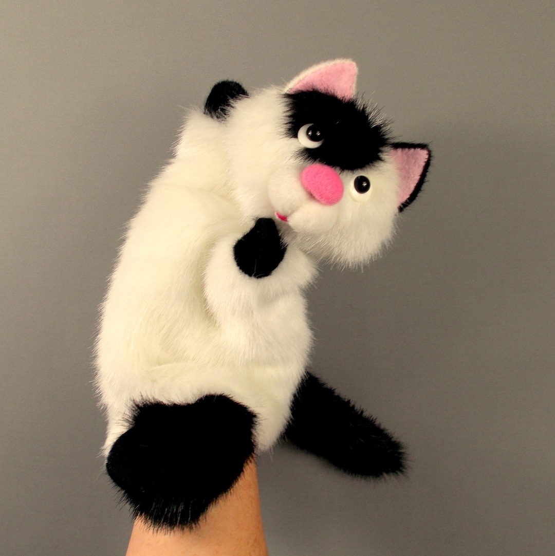 White - Black Cat Hand Puppet for Home Theater. Puppet Glove Funny Cat ...