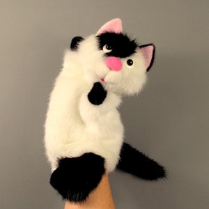 White - Black Cat Hand Puppet for Home Theater. Puppet Glove Funny Cat ...