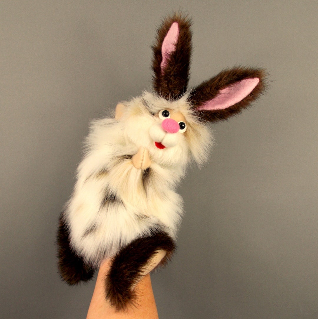 Spotted Rabbit With Dark Paws and Ears Hand Puppet. Marionette Rabbit ...