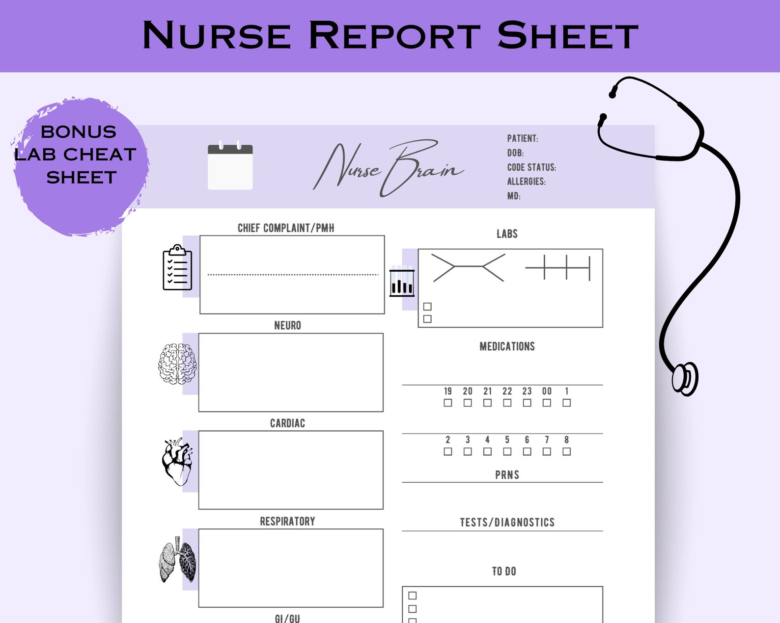 Nurse Brain Report Sheet Printables, Includes Lab Values - Etsy