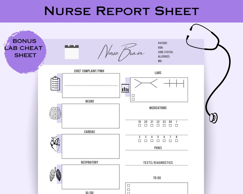 Nurse Brain Report Sheet Printables, Includes Lab Values - Etsy