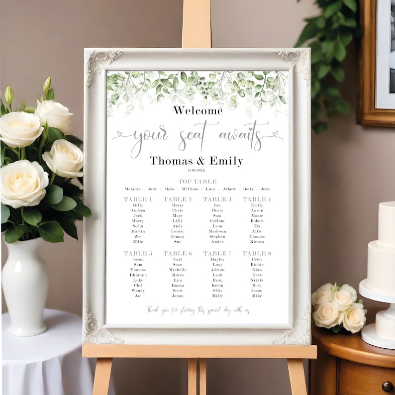 Personalised Wedding Seating Chart, Greenery Table Plan Print - Etsy