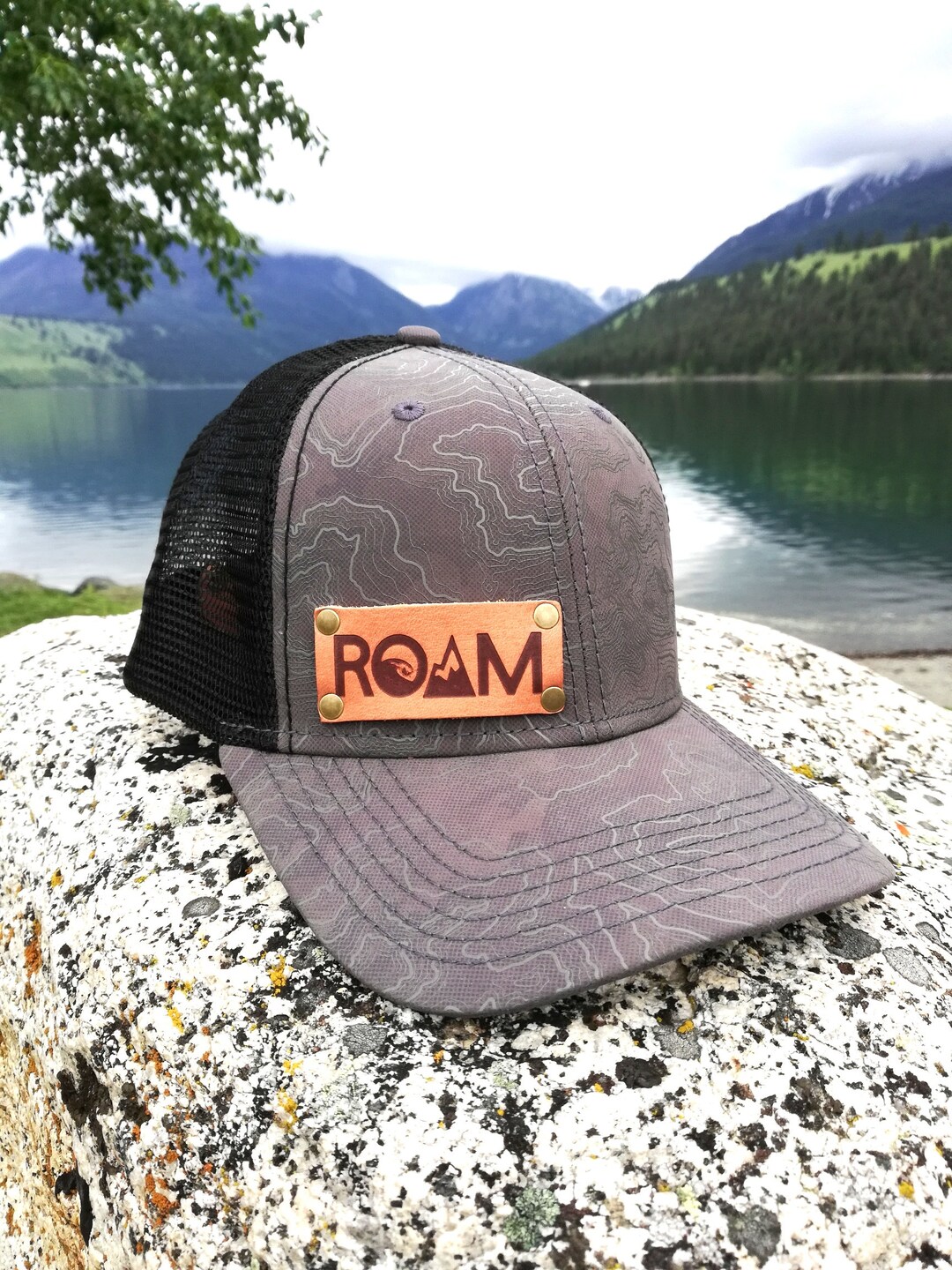 Branded Leather Patch Trucker Hat Cap Topographic, Hiking, PNW, ROAM ...