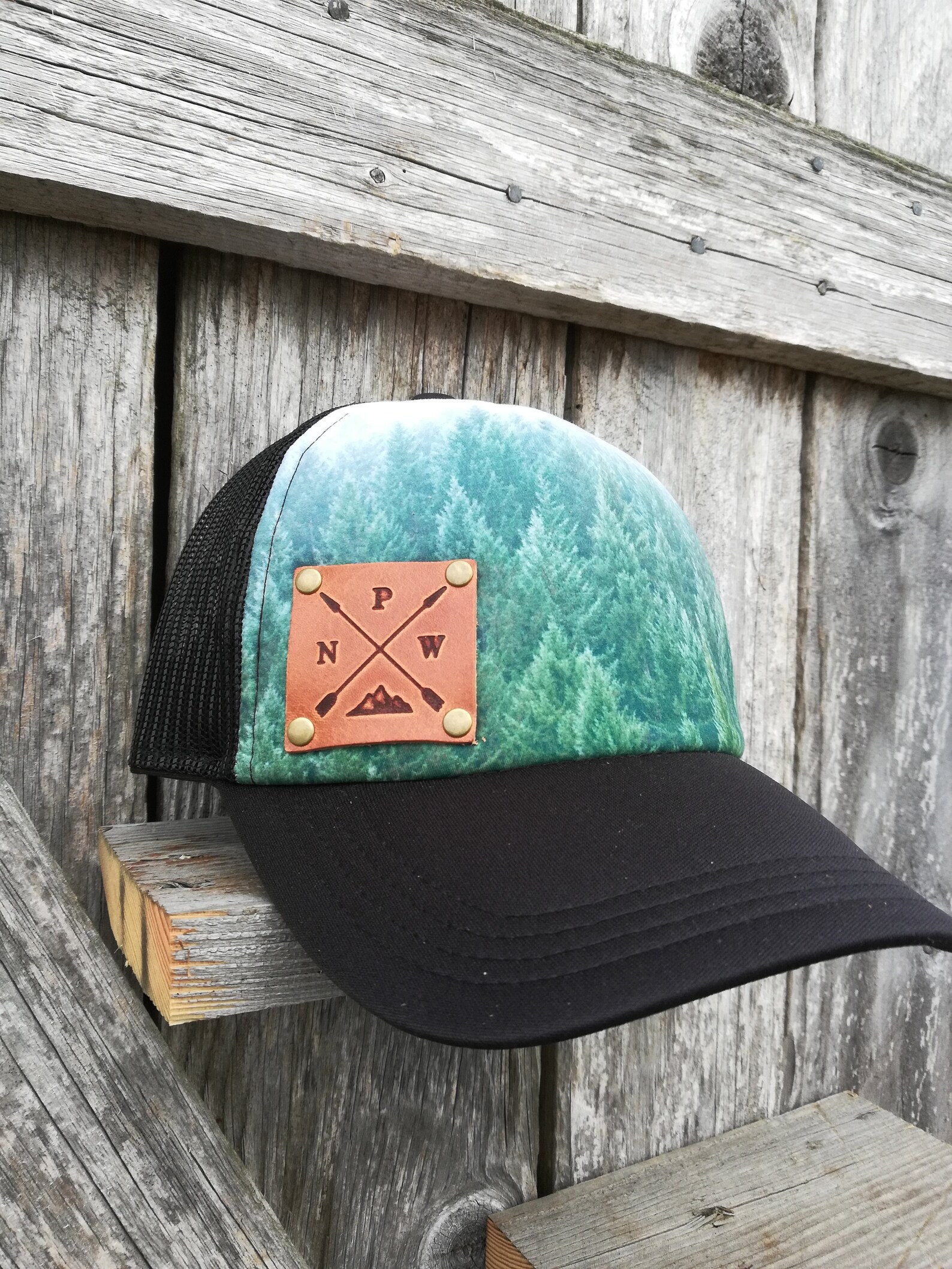 Summer Photo Trucker Cap With Leather Branded Patch, Trees, Waves ...
