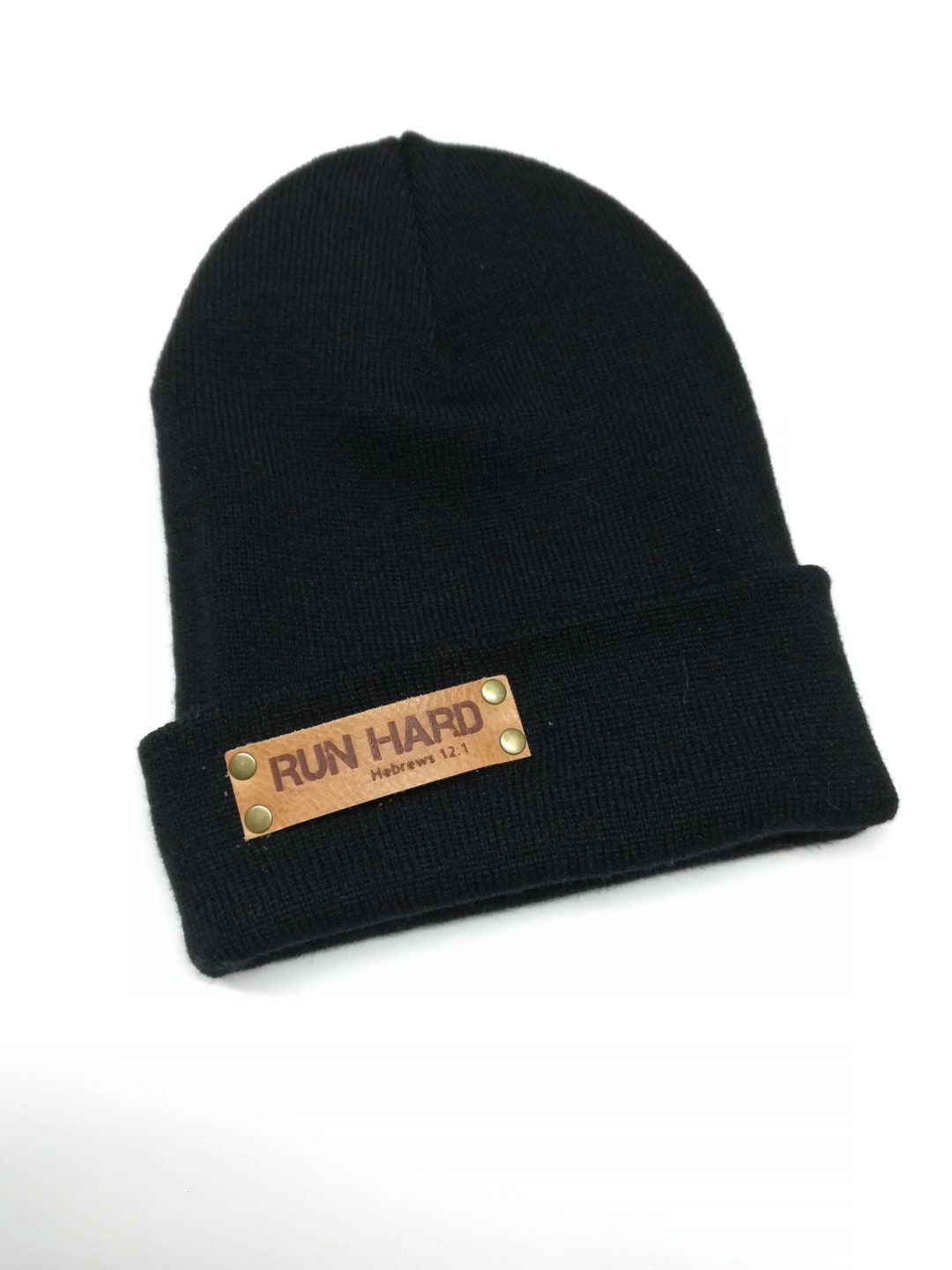 RUN HARD! Bible Verse Christian Leather Patch Cuff Beanie - Etsy