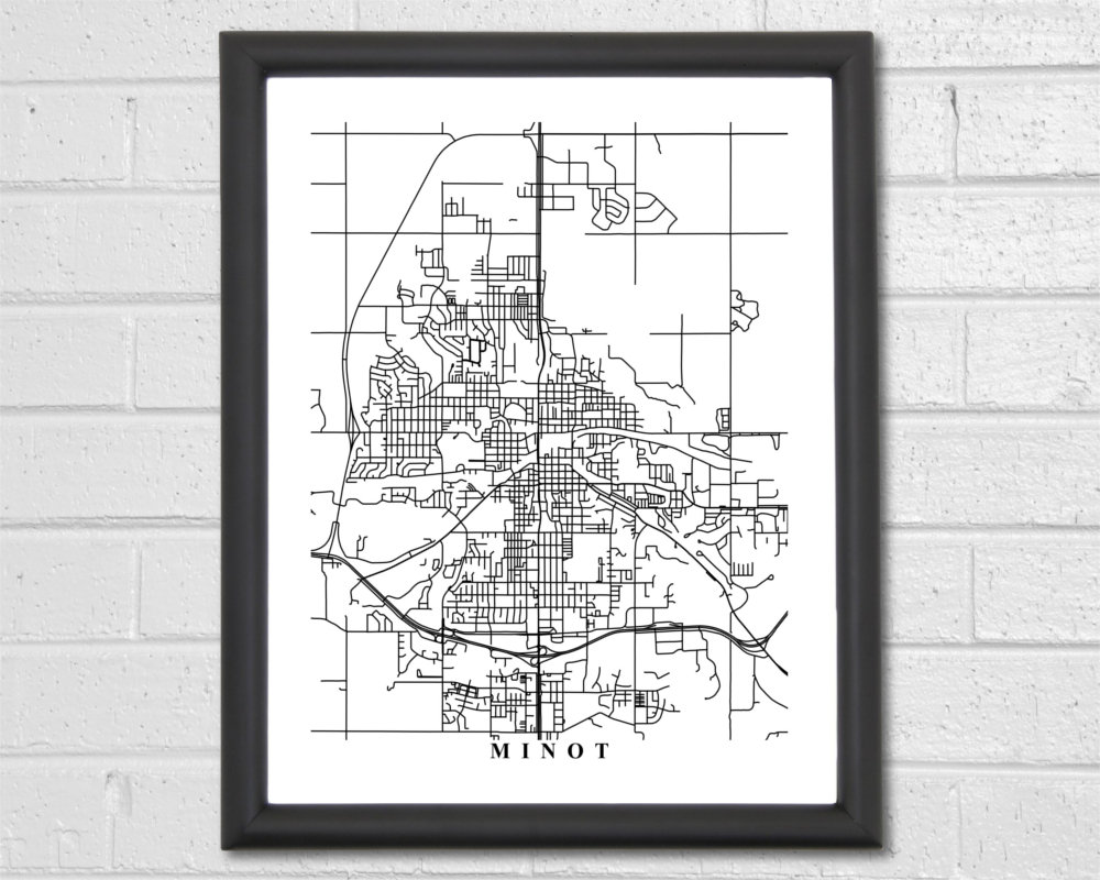 Minot Map Art Black and White North Dakota Office Decor | Etsy