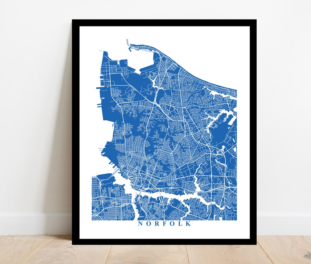 Norfolk Map Art Virginia Custom Map Print Wall Poster Travel Gift Naval ...
