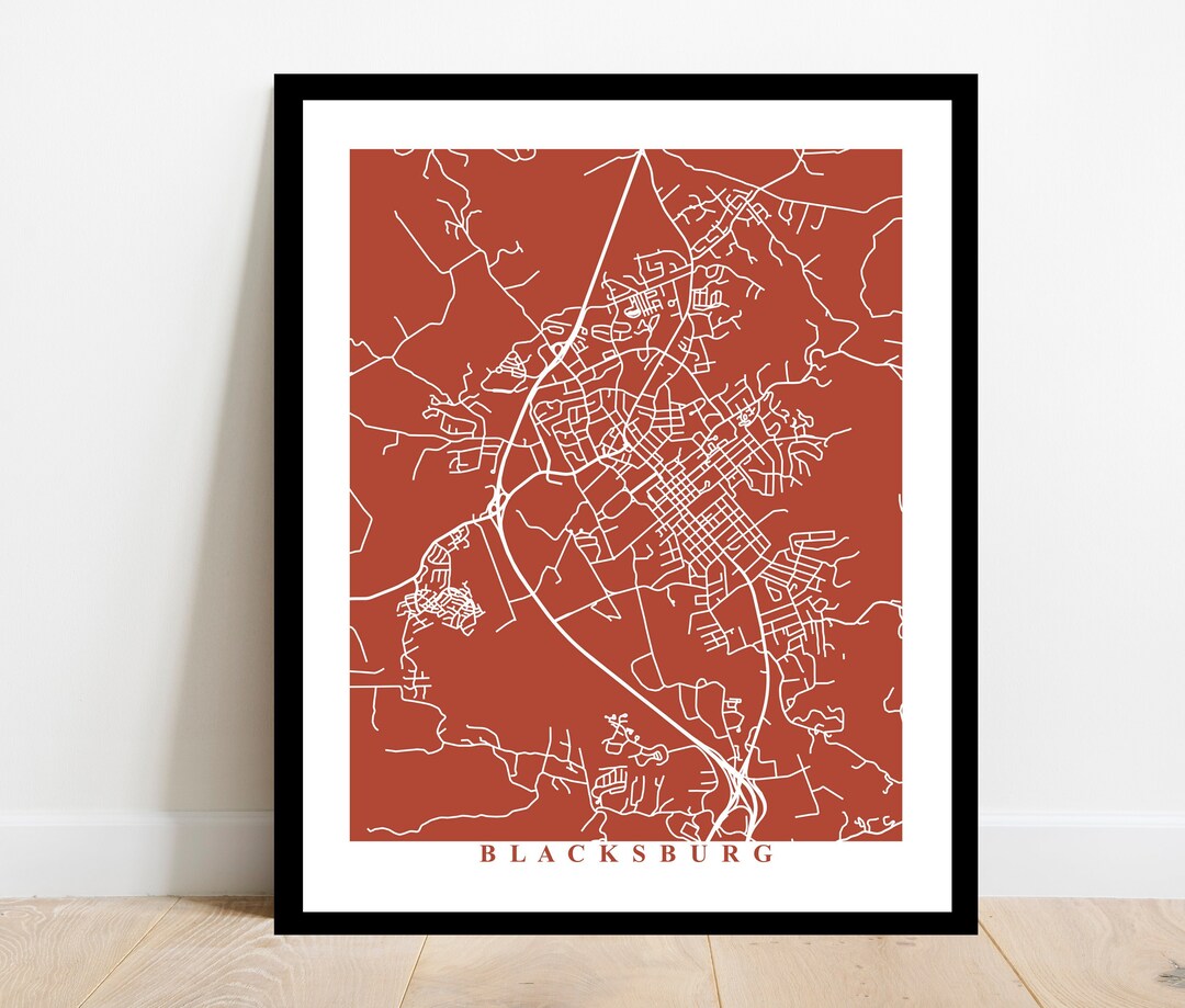 Blacksburg Map Art Virginia Custom Map Print of Blacksburg Wall Art ...
