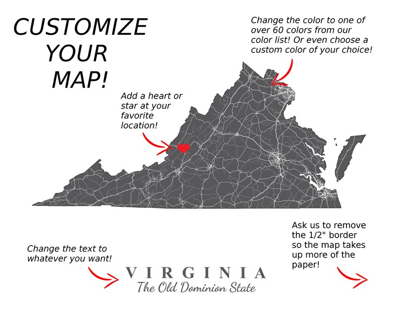 Virginia Map Art Map Print State Map Travel Gift Map | Etsy